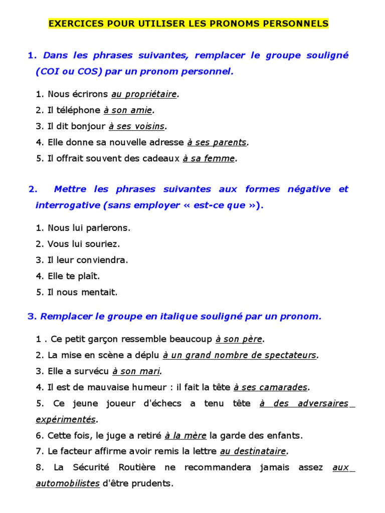 Exercices sur les pronoms personnels | PDF | Pronom