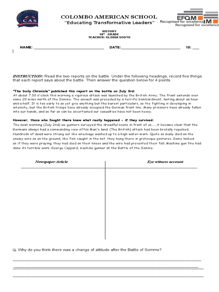Battle of Somme Worksheet | PDF