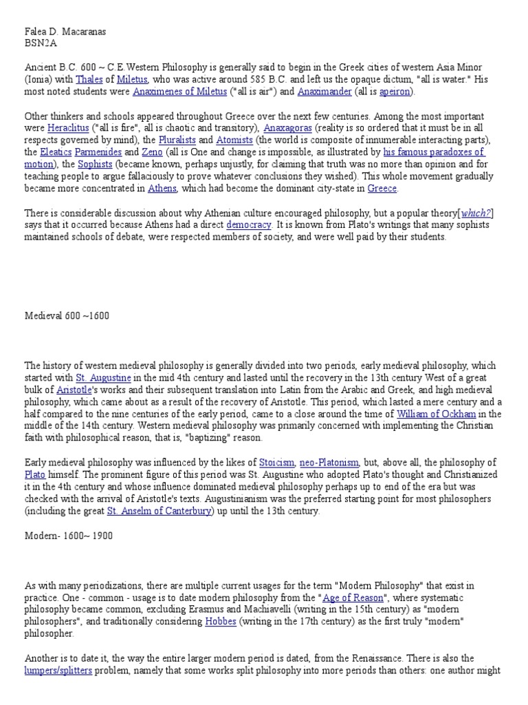 Ancient to Modern Western Philosophy Timeline | PDF | Medieval ...