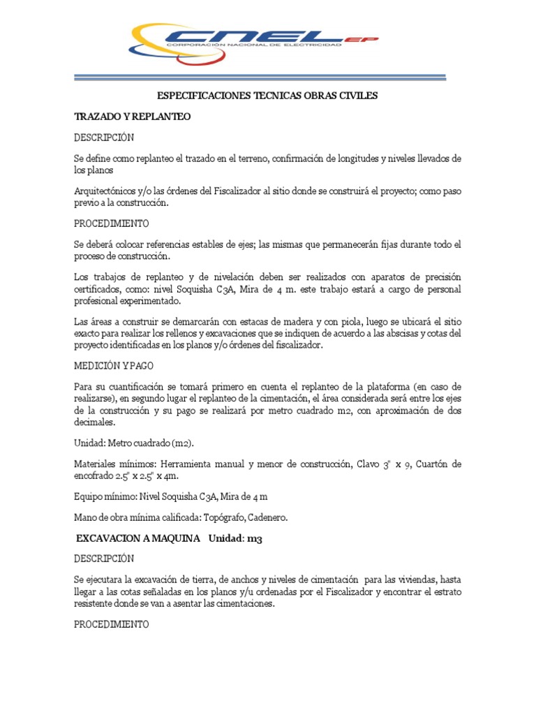Especificaciones Tecnicas Obras Civiles Trazado Y Replanteo | PDF | Hormigón | Acero