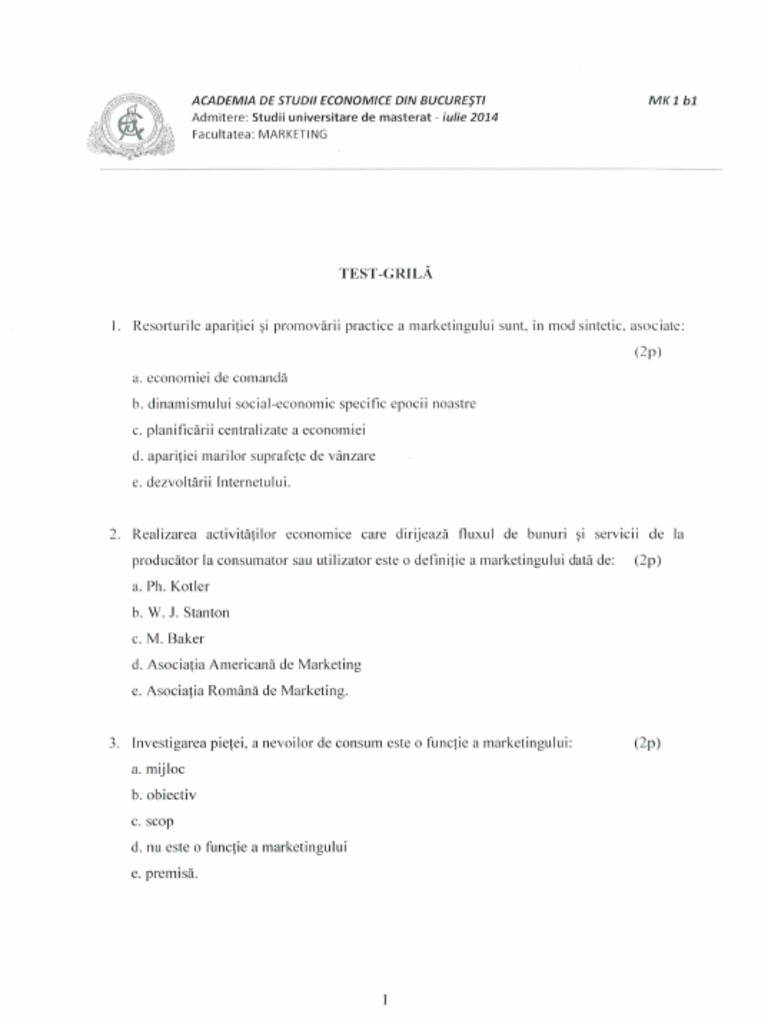 Subiecte Admitere Master Ase Marketing 2014 | PDF