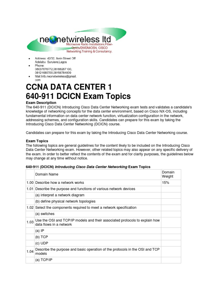 Ccna Data Center 1 640-911 DCICN Exam Topics | PDF | Router (Computing) | Computer Network