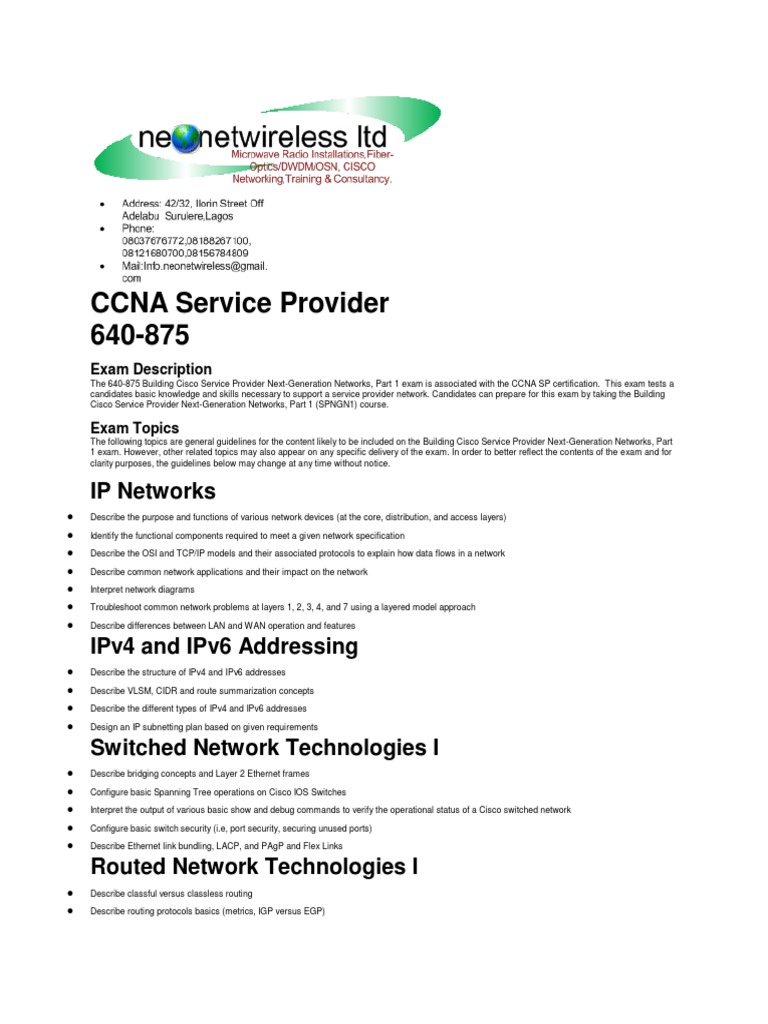 CCNA Service Provider 1 Course Outline | Cisco Certifications | Computer Network