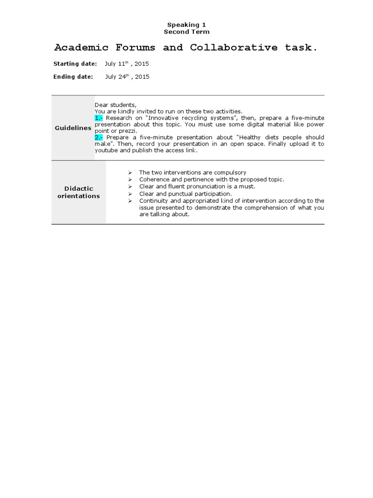 Academic Forums and Collaborative Task.: Speaking 1 Second Term | PDF ...