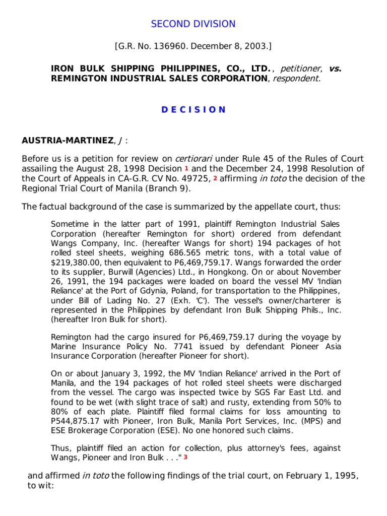 Iron Bulk Shipping Phil v. Remington | PDF | Bill Of Lading | Damages