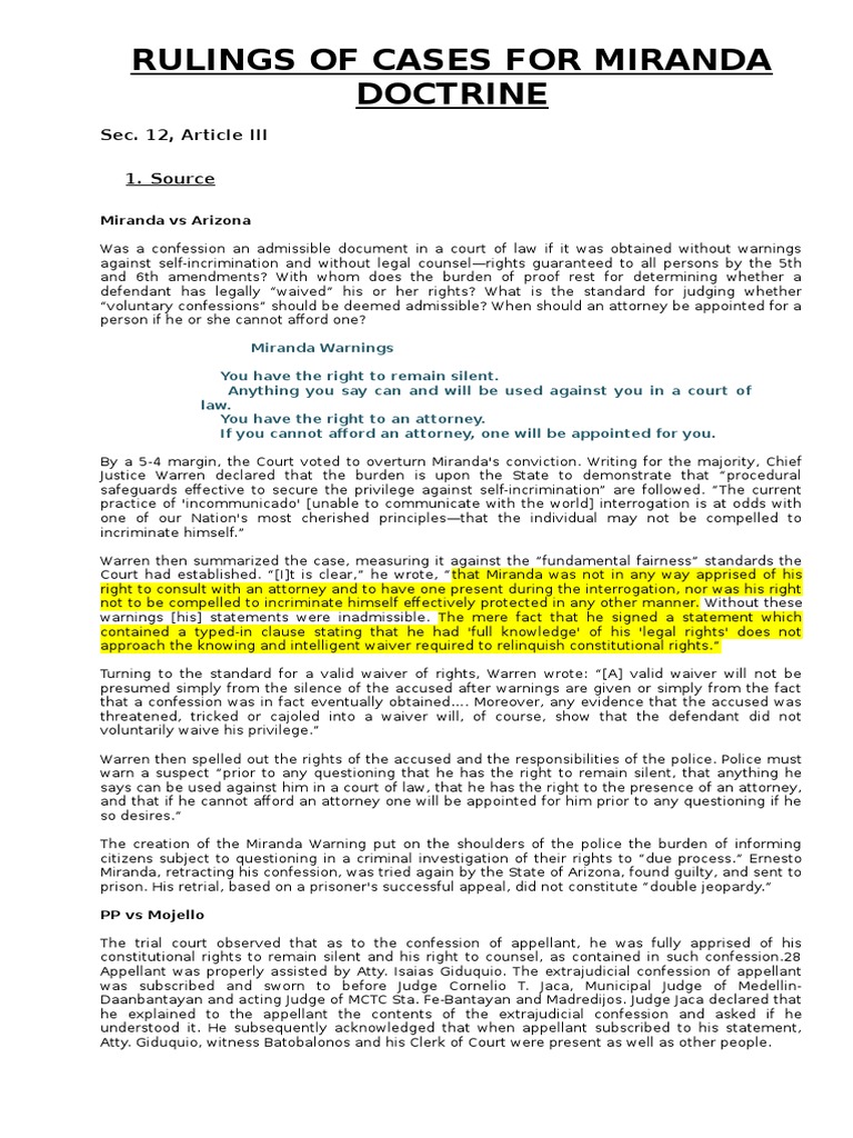 9 Rulings of Cases For Miranda Doctrine | PDF | Miranda Warning | Right ...