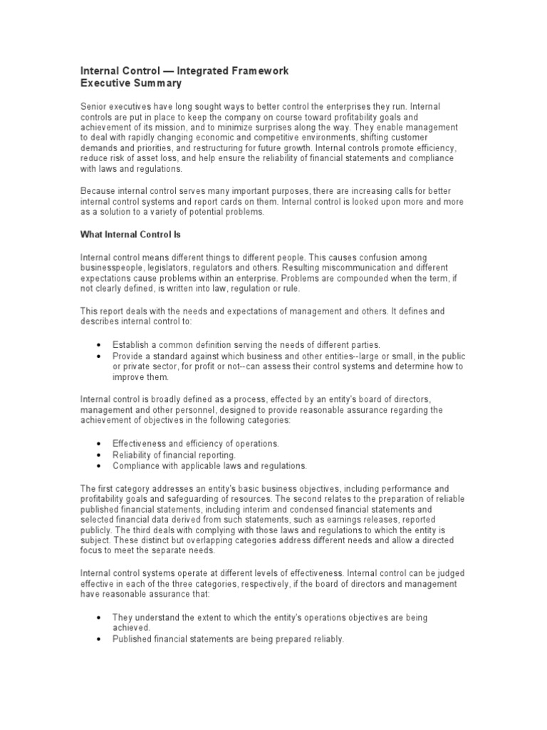 Internal Control - Integrated Framework Executive Summary | PDF