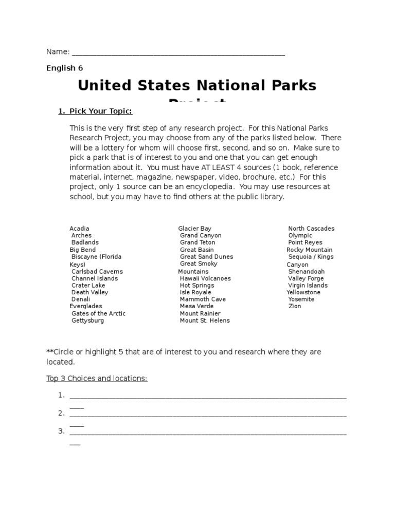 United States National Parks Project: English 6 | PDF | Citation ...