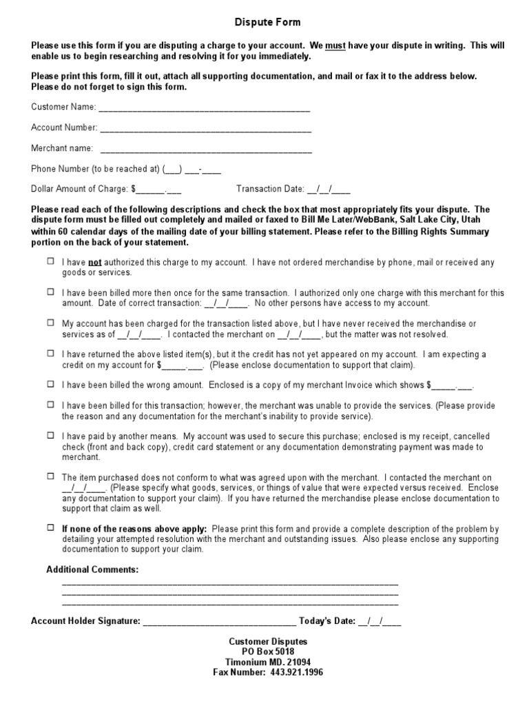 Dispute Form for Account Charges | PDF | Invoice | Financial Transaction