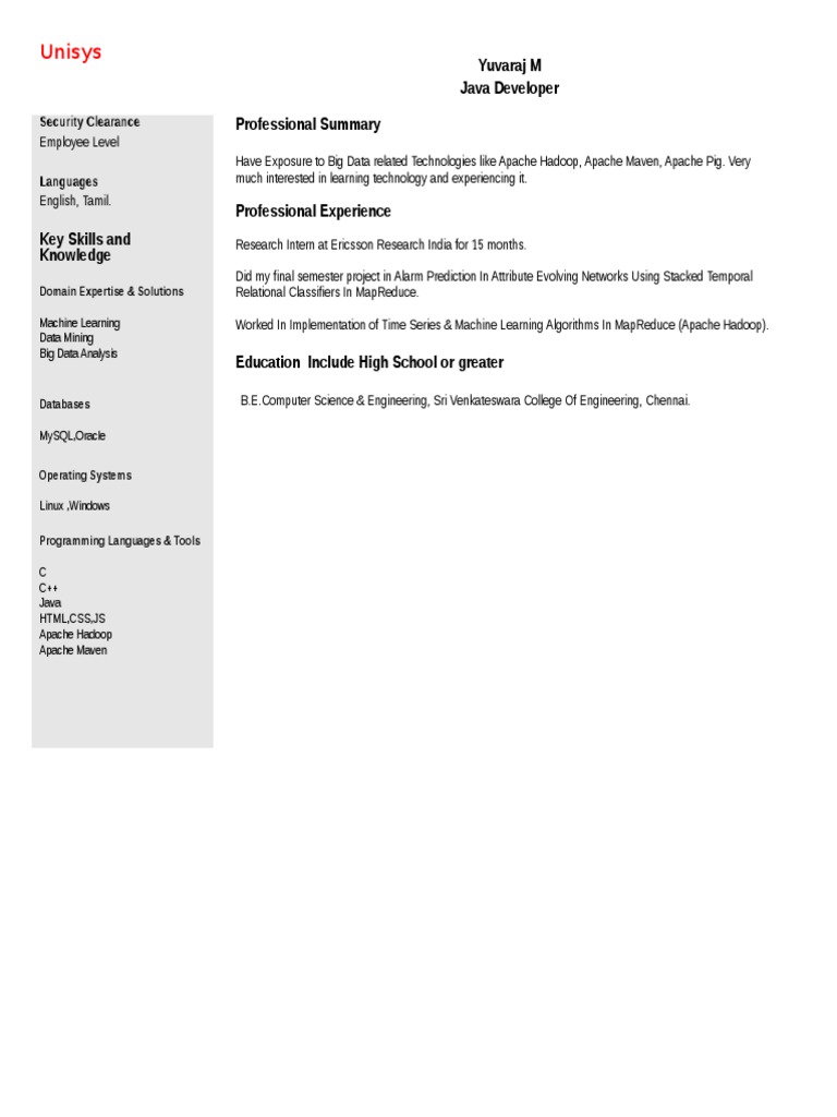 Unisys: Yuvaraj M Java Developer Professional Summary | PDF | Art ...