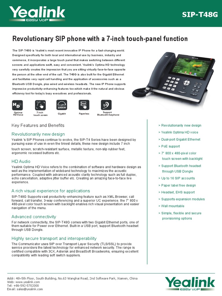 Yealink SIP-T48G Ultra Elegant Gigabit IP Phone With 7" Touchscreen | PDF | Session Initiation ...