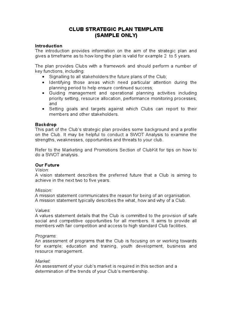 Club Strategic Plan Template (Sample Only) : Vision | PDF | Strategic ...