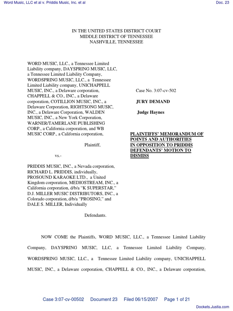Word Music, LLC Et Al v. Priddis Music, Inc. Et Al - Document No. 23 ...