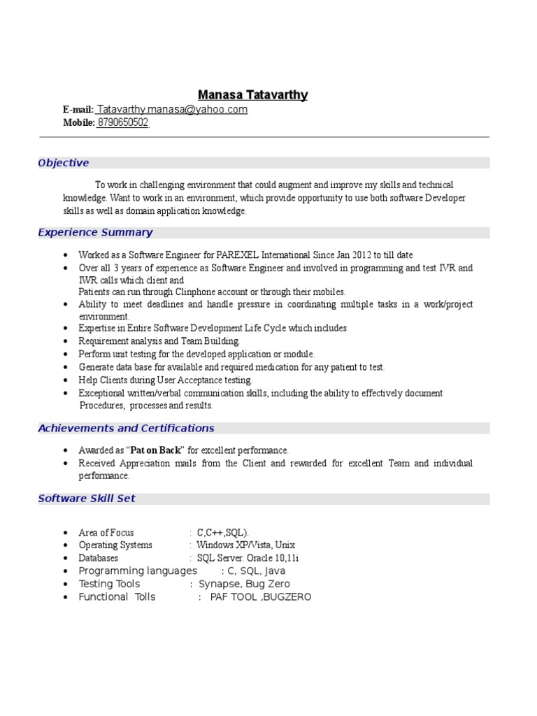 Manasa Resume | PDF | Software Development | Clinical Trial