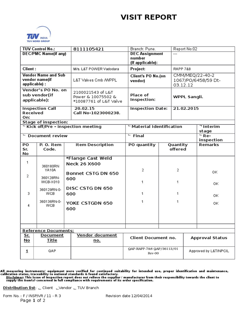 TUV Inspection Report for L&T Power | PDF | Calibration | Engineering