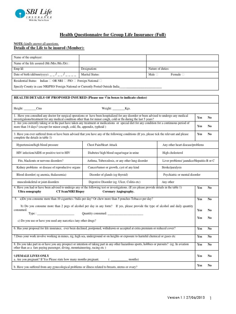 SBIL - Health Questionnaire | PDF | Insurance | Medical Diagnosis