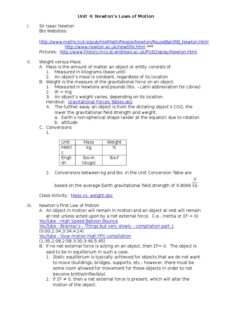 Unit 4 Lesson Plans - Newtons Laws of Motion | PDF | Force | Mass