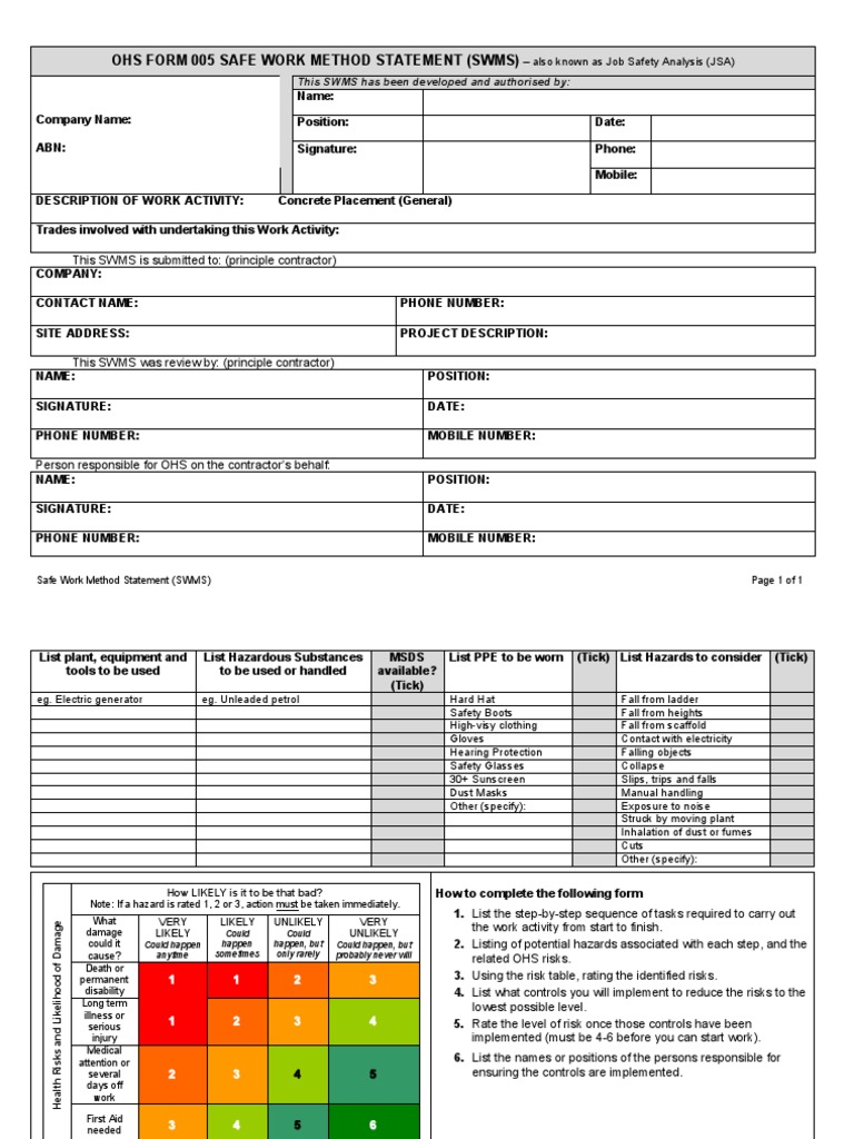 Ohs Form 005 Safe Work Method Statement (SWMS) : This SWMS Has Been ...