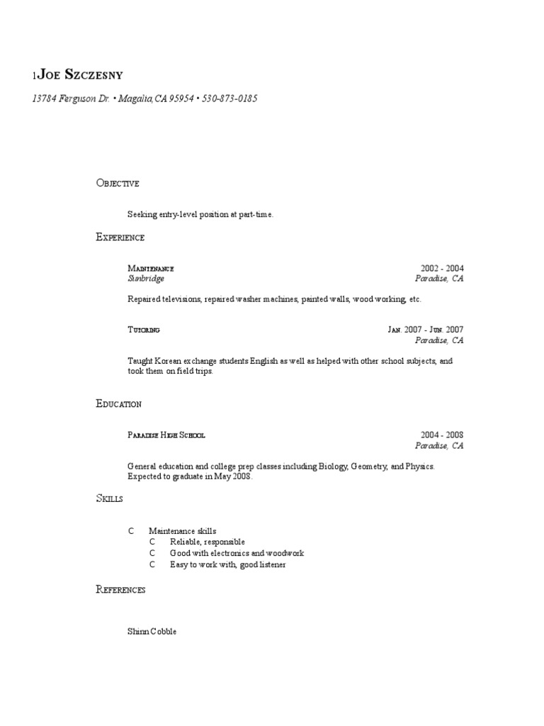 Entry-Level Resume for Joe Szczesny | PDF
