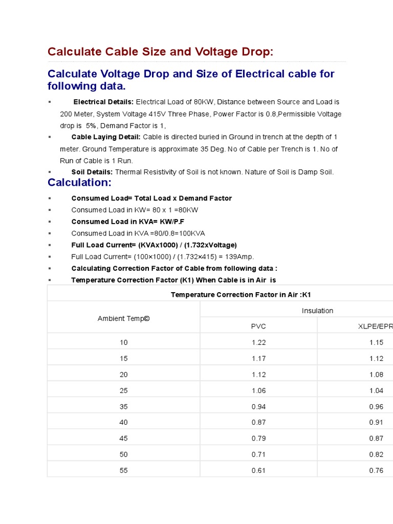 Calculate Voltage Drop and Size of Electrical Cable For Following Data ...