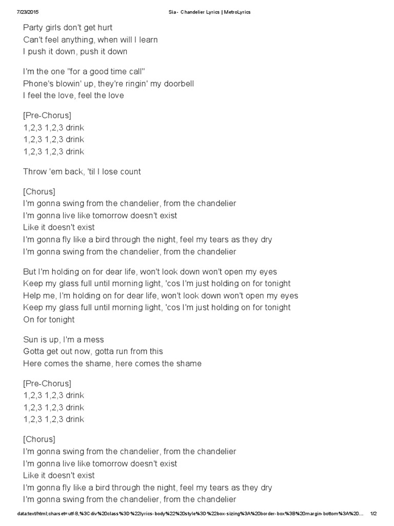 Sia - Chandelier Lyrics | PDF | Art | Self-Improvement