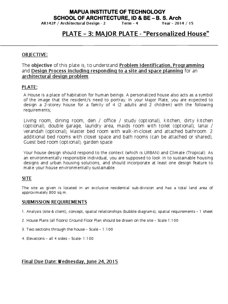 PLATE - 3: MAJOR PLATE - "Personalized House": Mapua Institute of ...