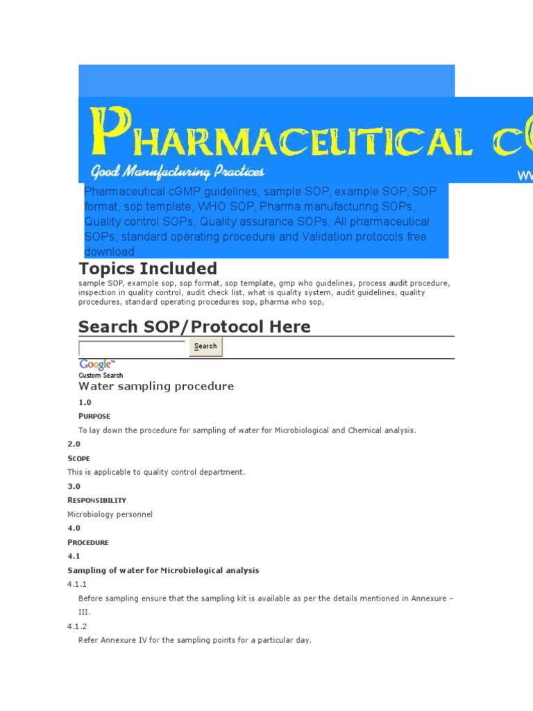 Pharmaceutical CGMP Guidelines Water Sampling Procedure | Sterilization ...