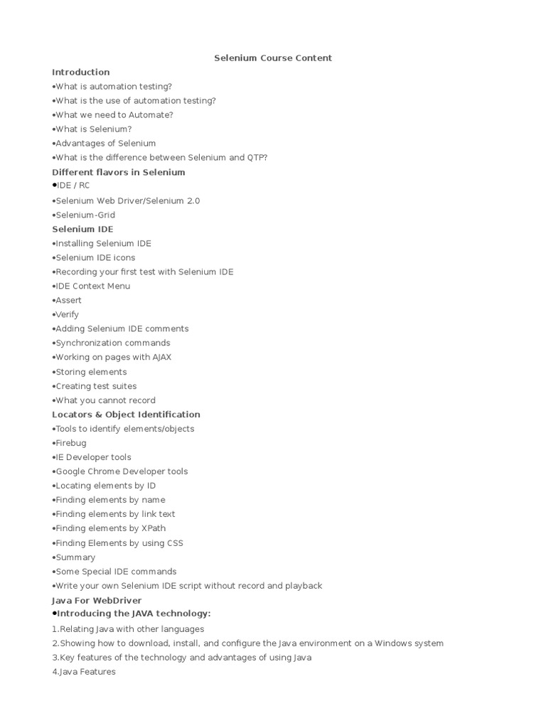 Selenium Course Content Pdf Selenium Software Java Programming Language