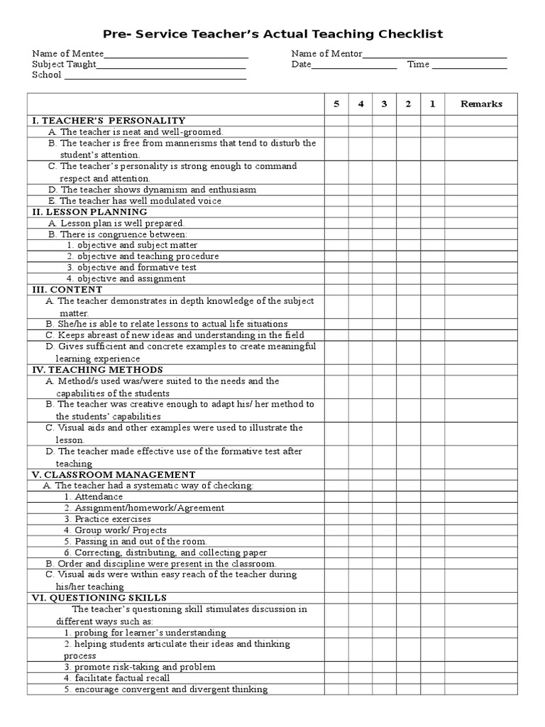 Pre service teacher actual teaching checklist.docx | Teachers ...