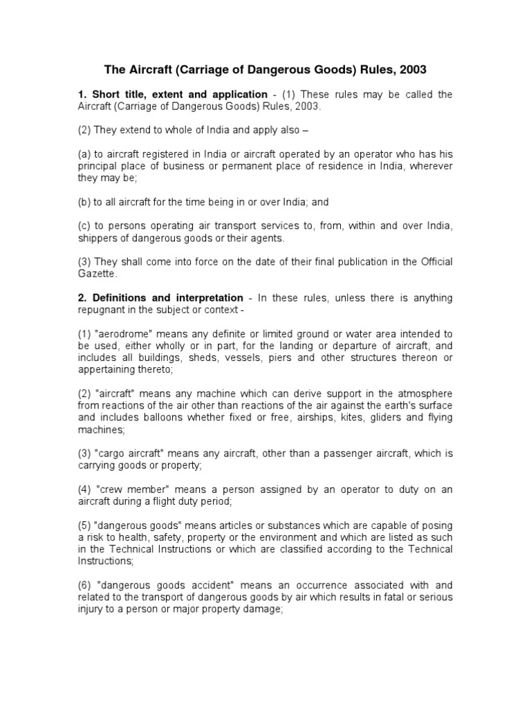 The Aircraft (Carriage of Dangerous Goods) Rules, 2003 DGCA | PDF ...