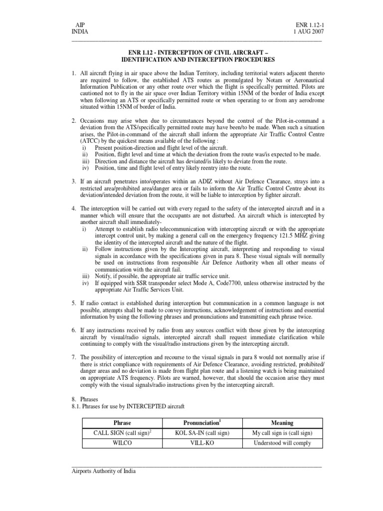 ENR 1.12 - Interception of Civil Aircraft | PDF | Air Traffic Control ...
