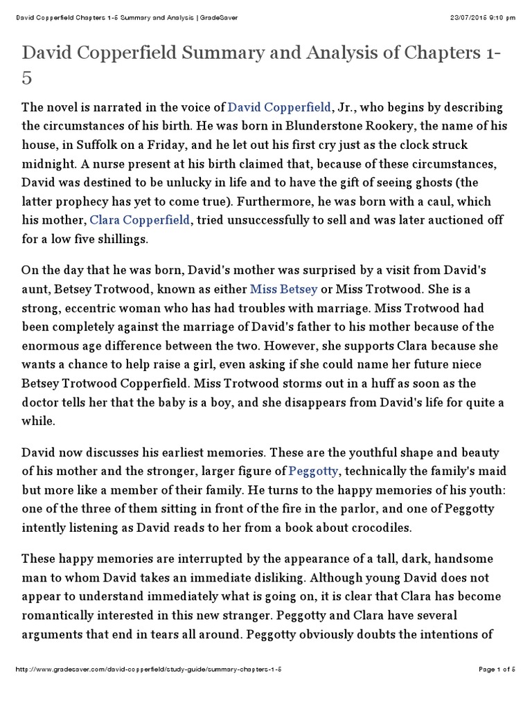 David Copperfield Chapters 1-5 Summary and Analysis - GradeSaver | PDF | David Copperfield
