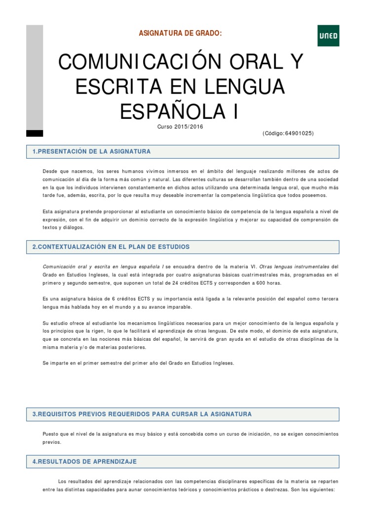 Comunicacion Oral y Escrita I | PDF | Prueba (evaluación) | Lengua española