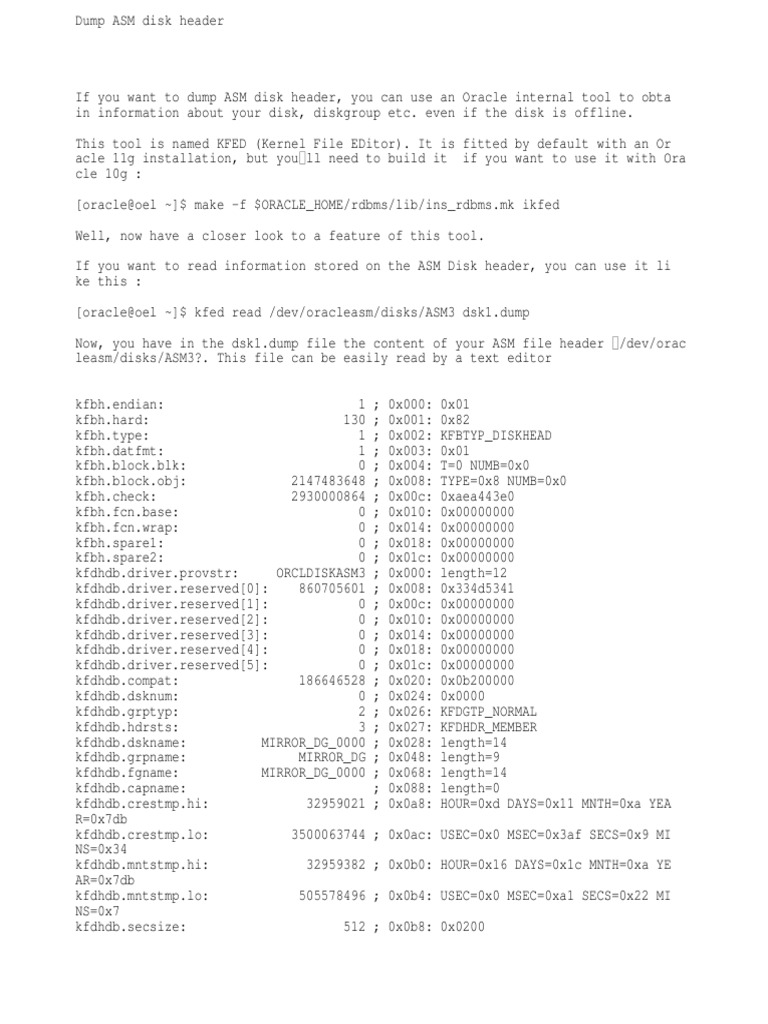 Dump ASM Disk Header | PDF | Disk Storage | Computer Architecture
