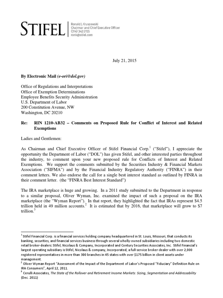 Stifel Comment Letter | Financial Adviser | Individual Retirement Account