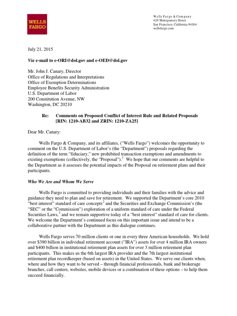 Wells Fargo Comment Letter Fiduciary Re For Proposal
