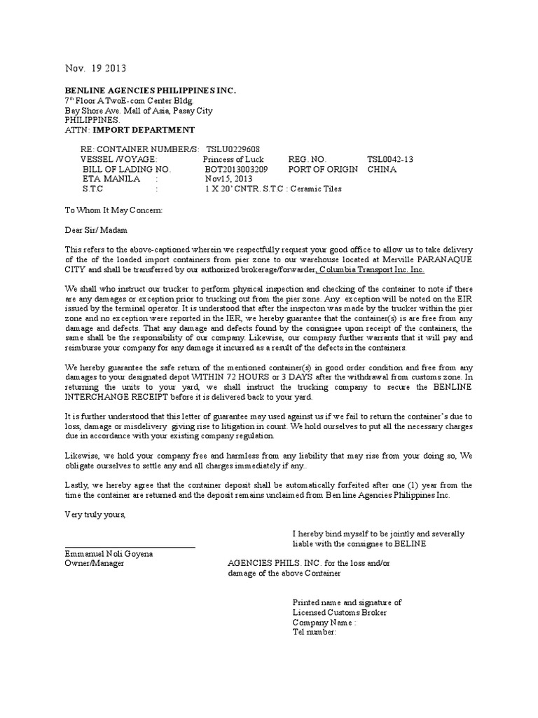 Container Guarantee Request to Benline | PDF | Guarantee | Business Law