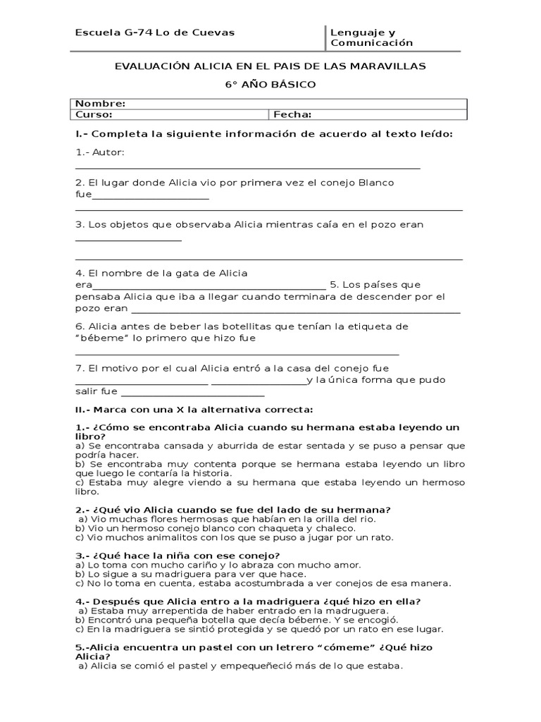 Evaluación de "Alicia en el País de las Maravillas" | PDF | Las ...