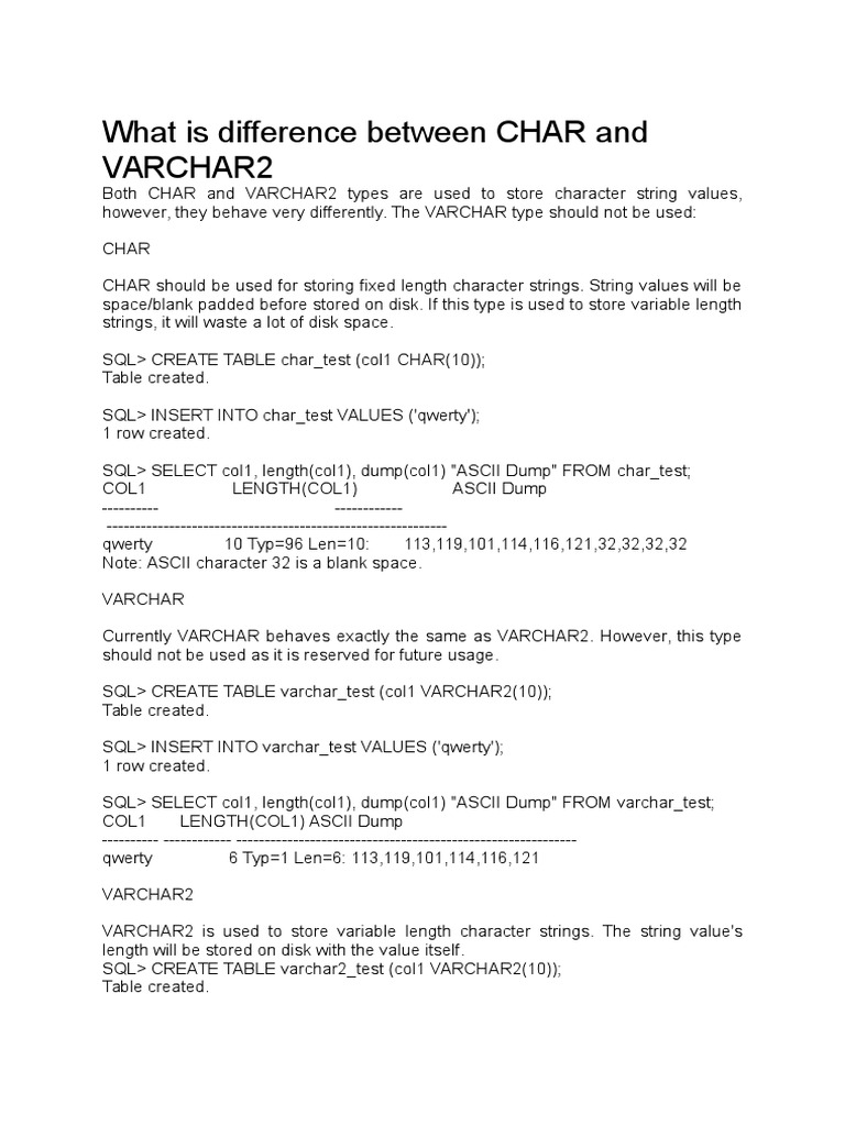 CHAR vs VARCHAR2 in Oracle SQL | PDF