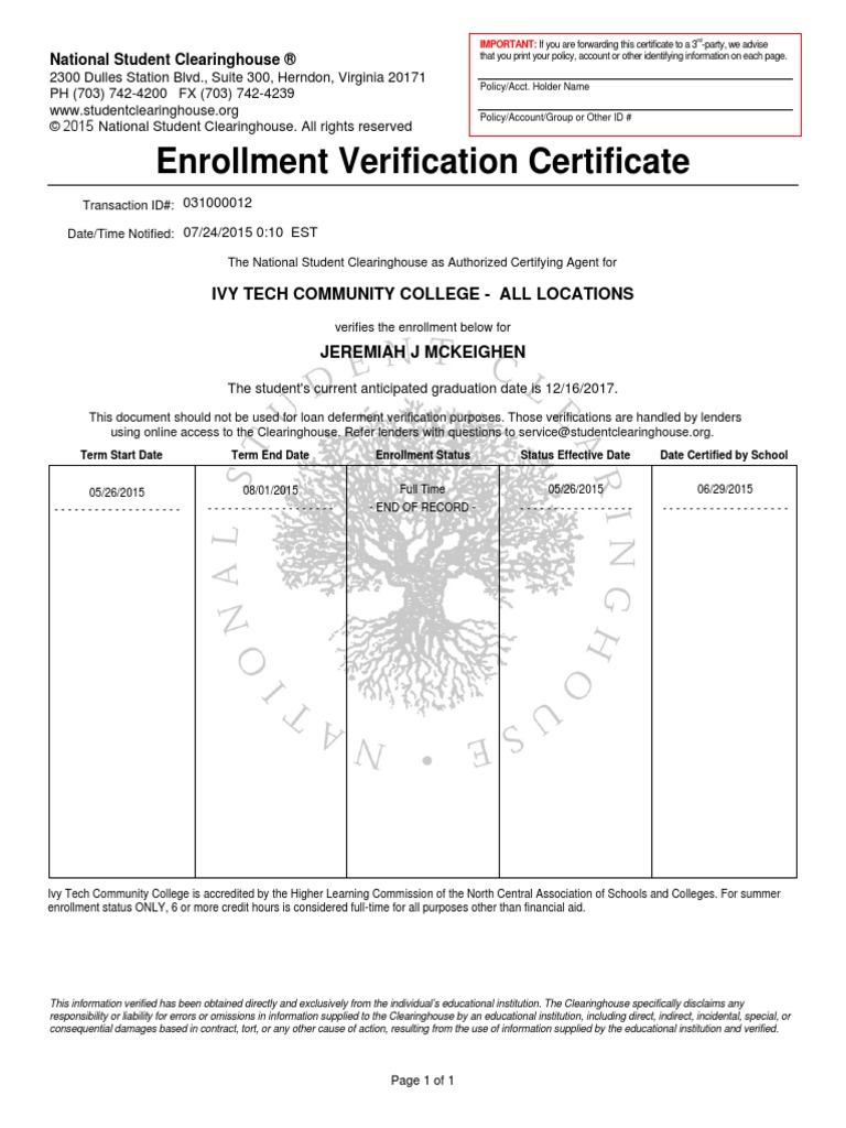 Ivy Tech Enrollment Verification Certificate | PDF