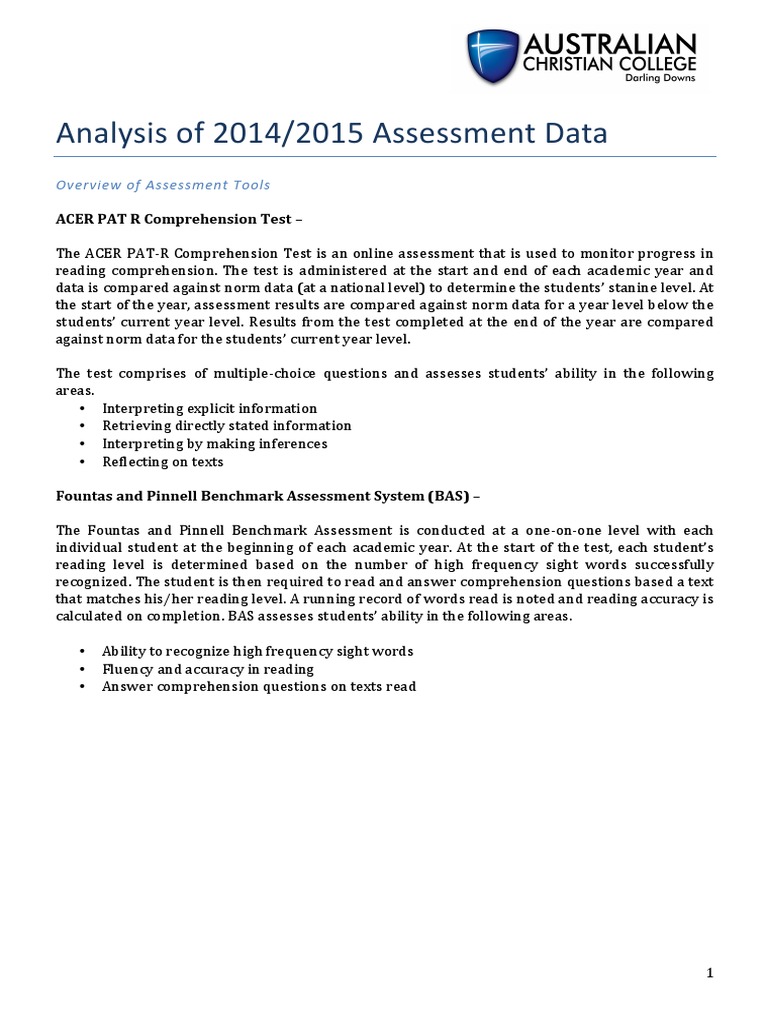 analysis of assessment data | Reading Comprehension | Reading (Process ...