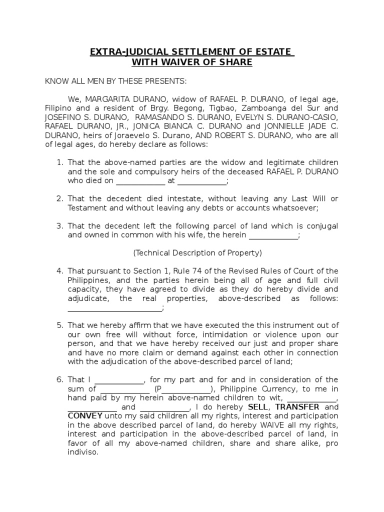Extrajudicial Settlement Sample | PDF
