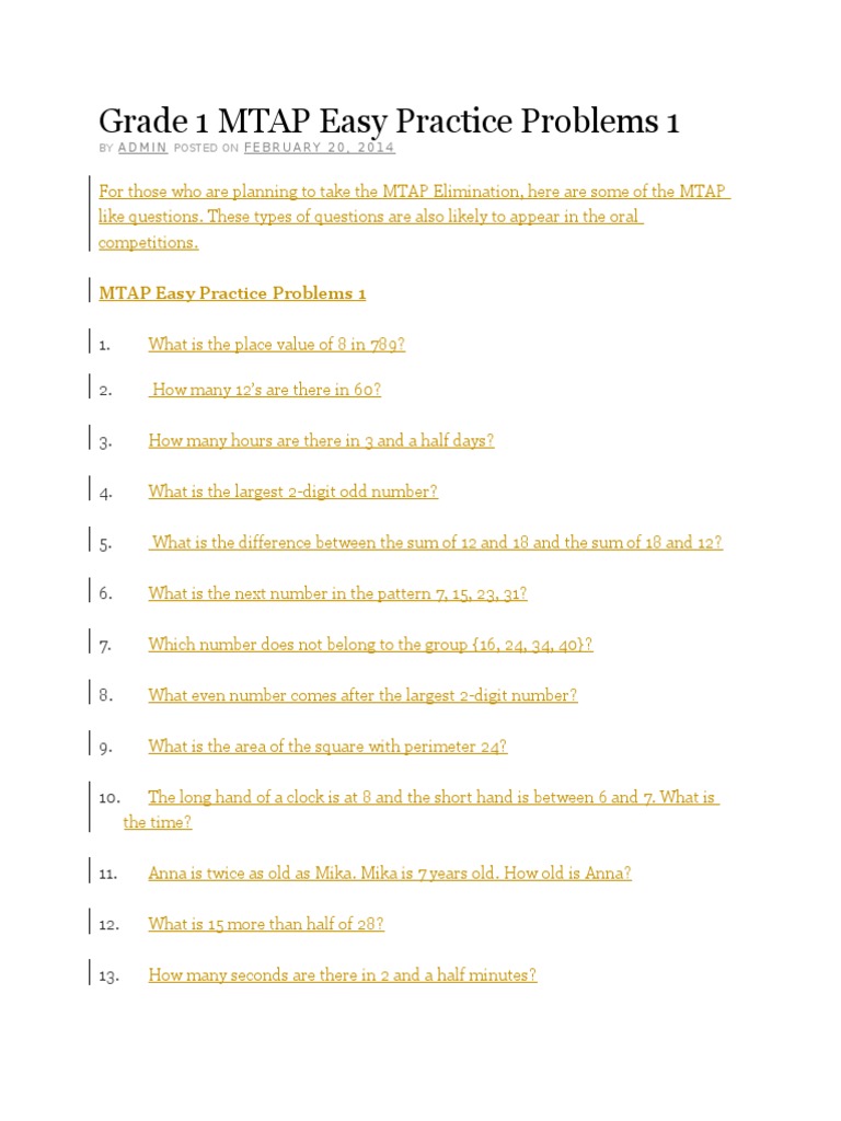 Grade 1 MTAP Elimination Practice Set | PDF | Teaching Mathematics