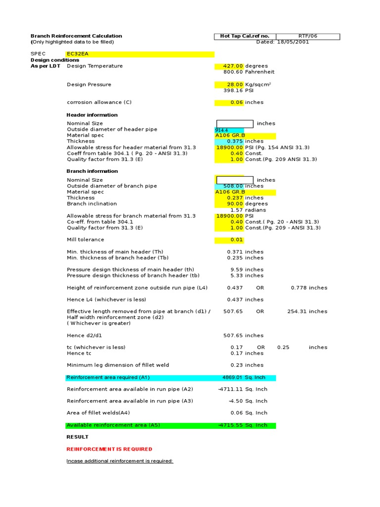 Branch Reinforcement Calculation Details | PDF | Pipe (Fluid Conveyance ...
