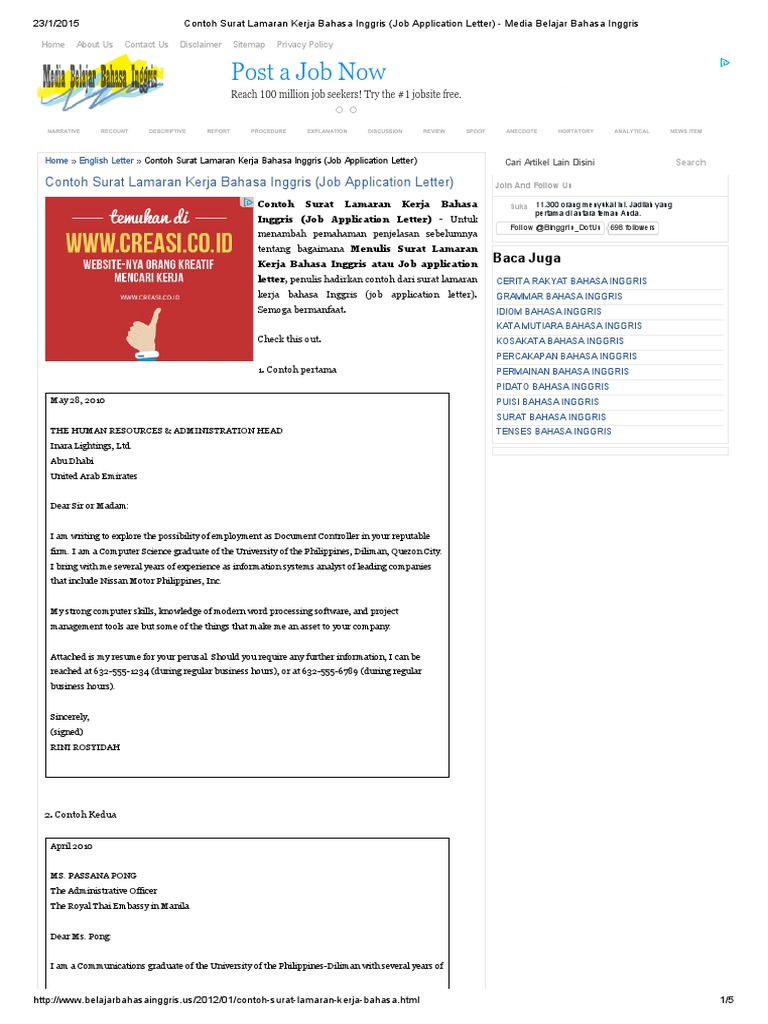 Contoh Surat Lamaran Kerja Bahasa Inggris (Job Application Letter ...