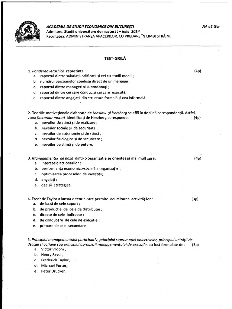 Subiecte Admitere Mastere ASE 2014 | PDF