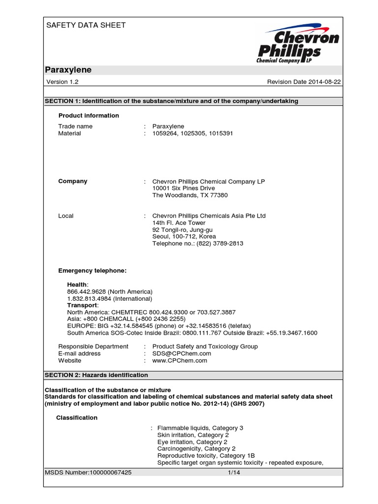 Paraxylene Safety Data Sheet CPChem | PDF | Hazardous Waste | Toxicity