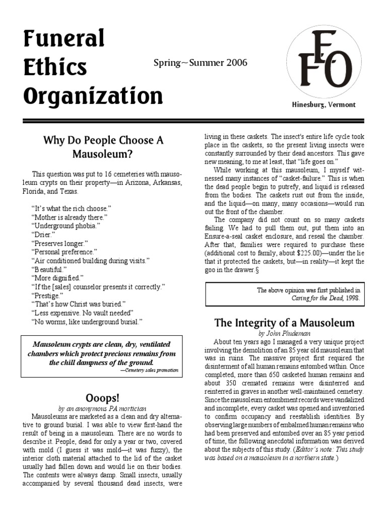 Funeral Ethics Organization Summer '06 | PDF | Burial | Death Customs