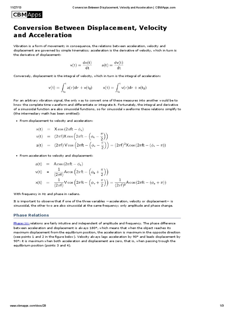 Conversion Between Displacement, Velocity and Acceleration - CBMApps ...