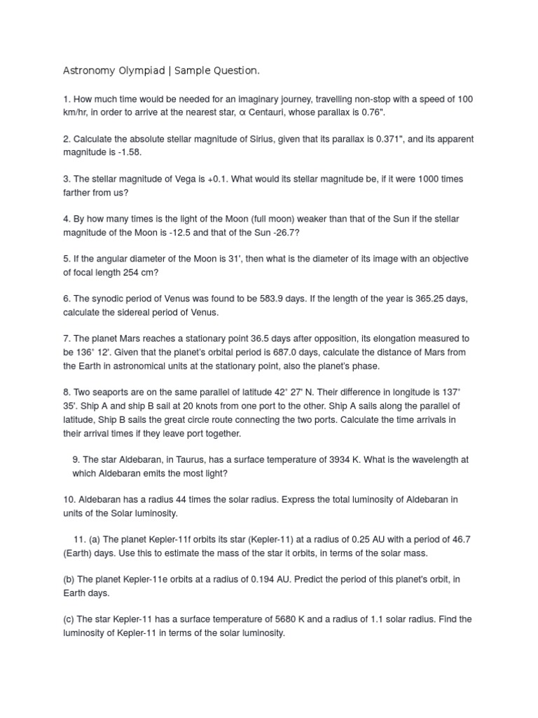Astronomy Olympiad Sample Questions | PDF | Stars | Apparent Magnitude